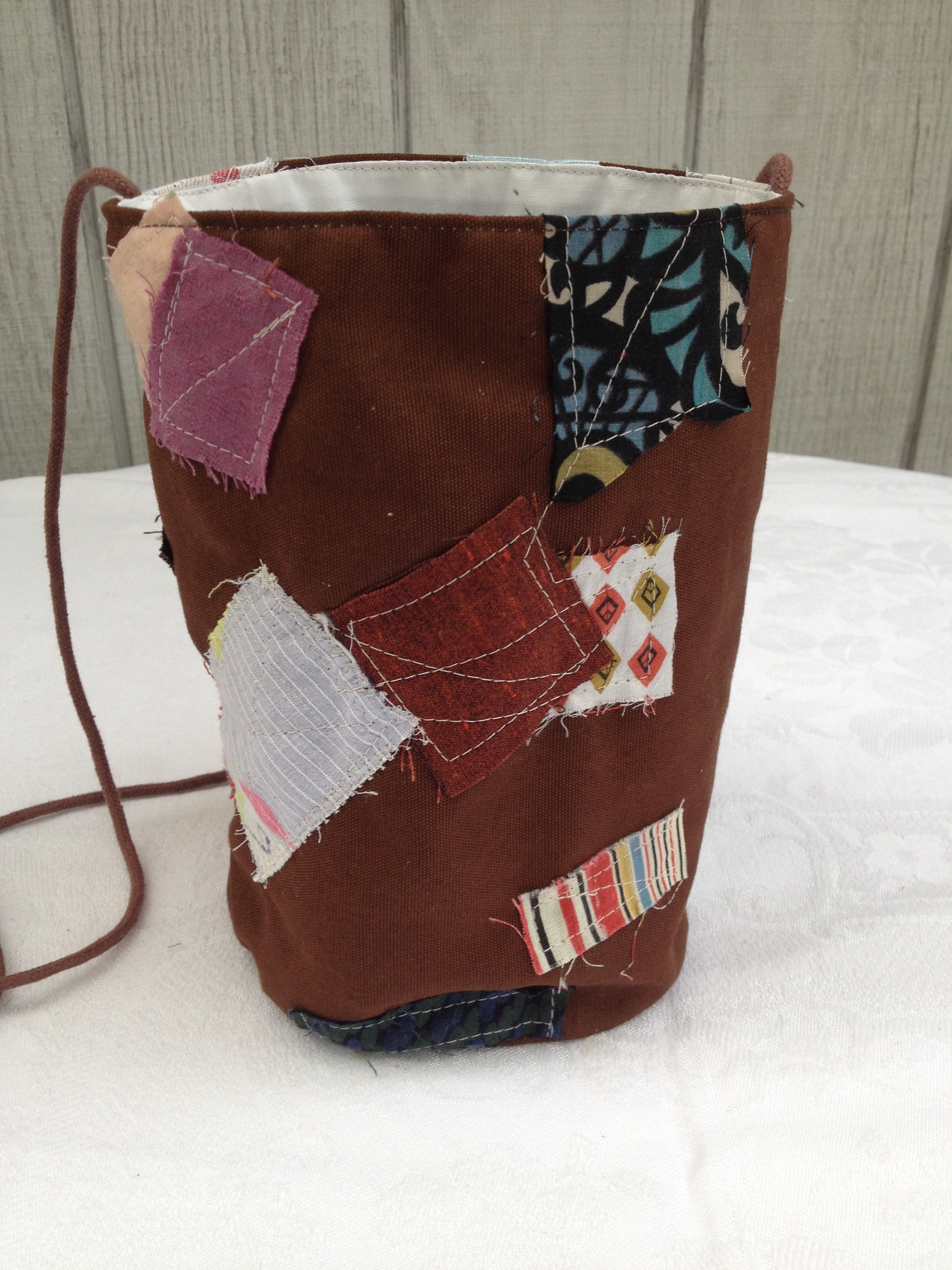 Round Bucket Bag, Cross Body Bag, Fabric Patchwork Handbag, One of a ...