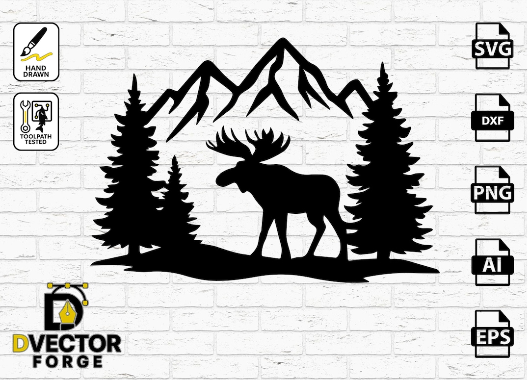 Moose Silhouette Scene SVG – Forest and Mountain Silhouette Cut File ...