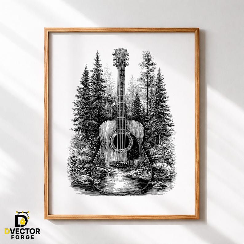 Double Exposure Guitar Forest Art Engraving File Digital Download - Etsy