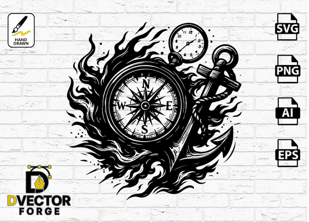 Marine Compass Anchor SVG Png Ai Eps | Hand Drawn Vintage Tattoo Style ...