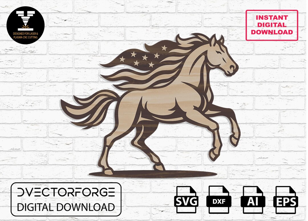 Horse SVG With Flowing Us Flag Mane, USA Vector DXF Cut File for Laser ...