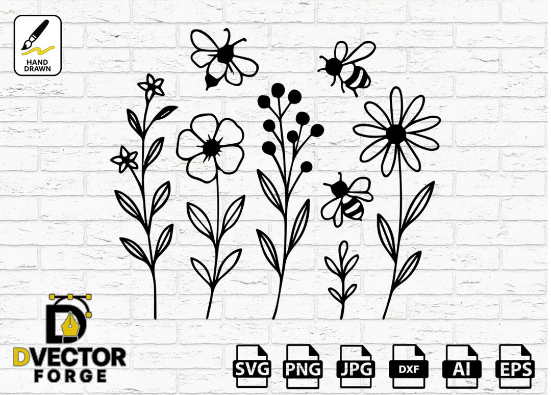 Bee and Flower Vector Line Art SVG DXF Png AI Eps Jpg, Hand Drawn ...