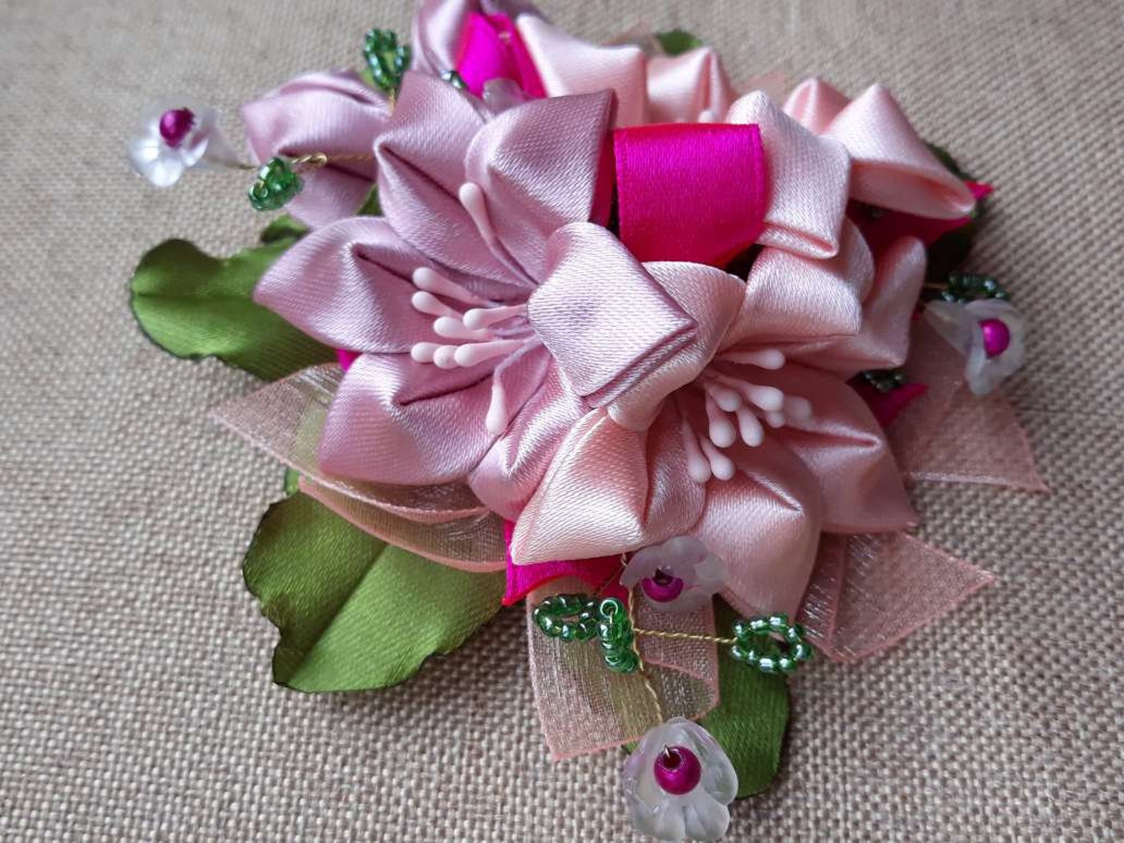 Pink Kanzashi Flower Fabric Brooch, Handmade Ribbon Brooch, Pink Brooch ...