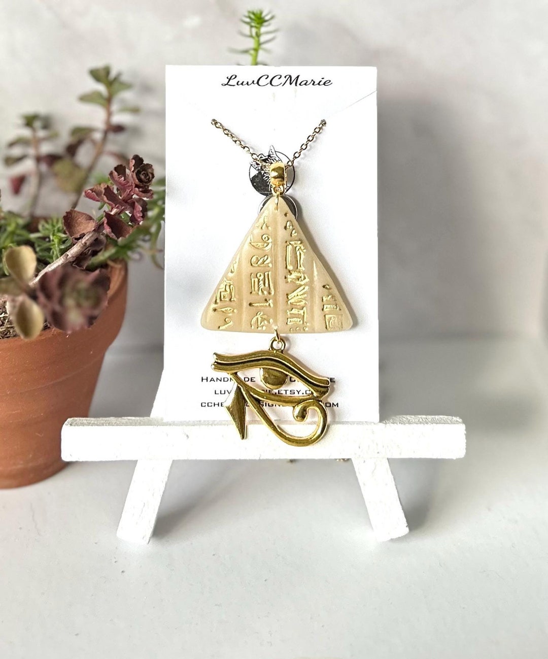 Triangle Eye of Horus Pendant, Cream and Gold Pyramid Necklace ...