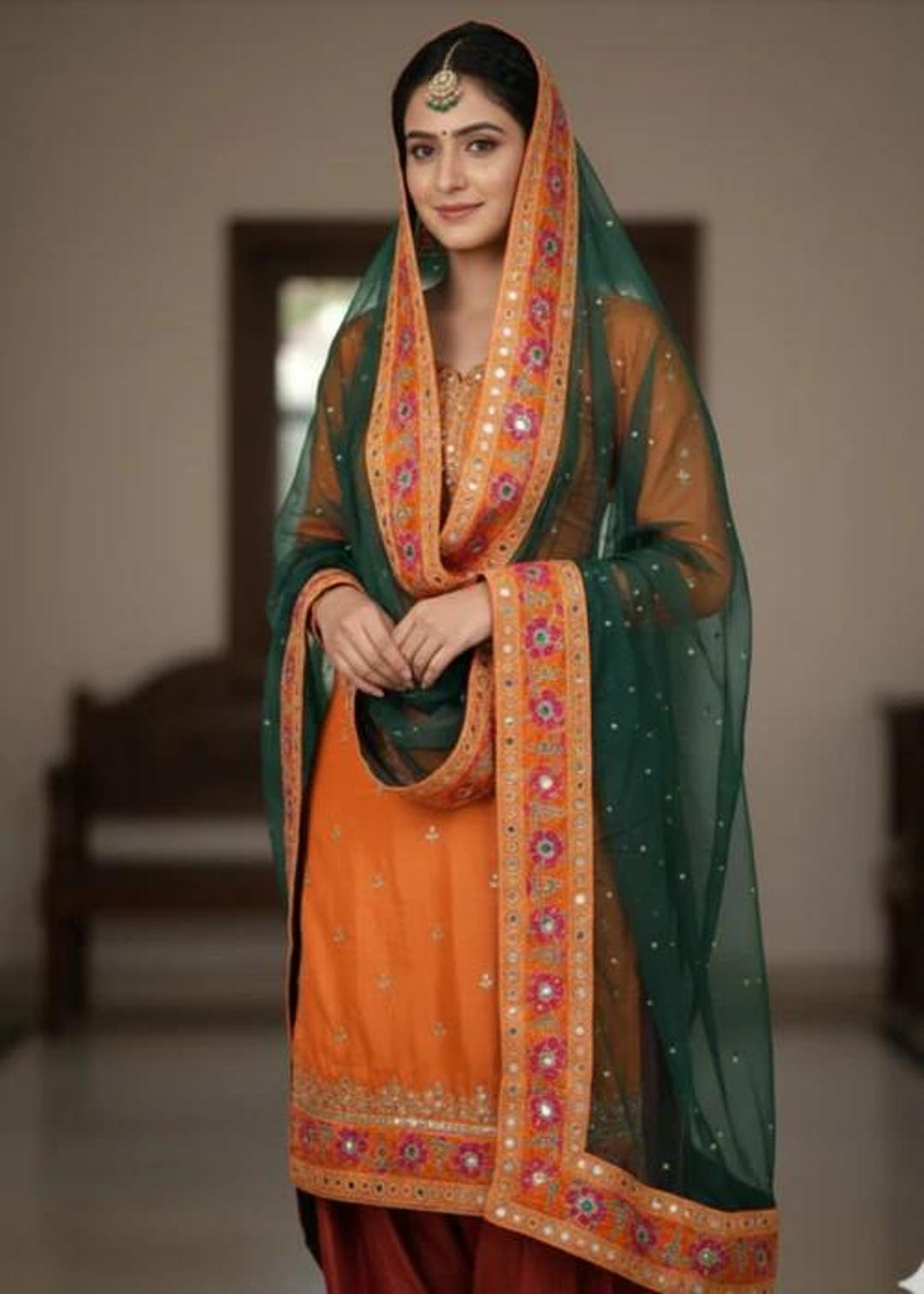 Embroidered Tissue Silk Dupatta With Mirror Work - Bottle Green - Etsy