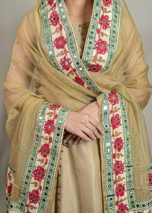 Tissue Silk Embellished Dupatta With Mirror Work - Beige - Etsy