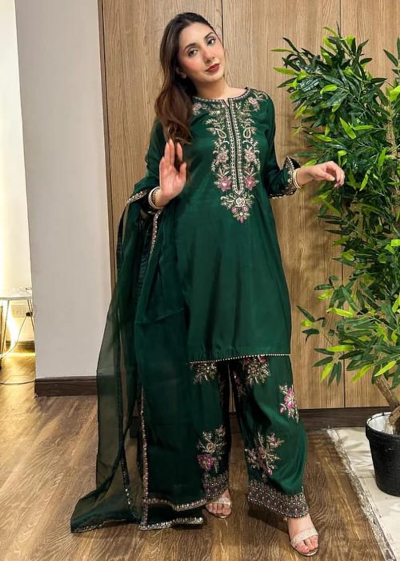 Embroidered Silk Farshi Shalwar Suit With Organza Dupatta - 3 Piece ...