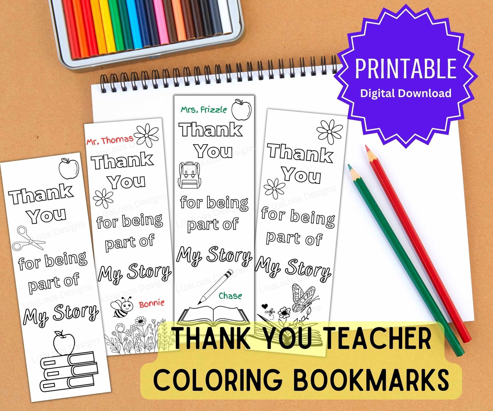 Thank You Teacher Coloring Bookmarks - Custom Teacher Gift - Printable ...