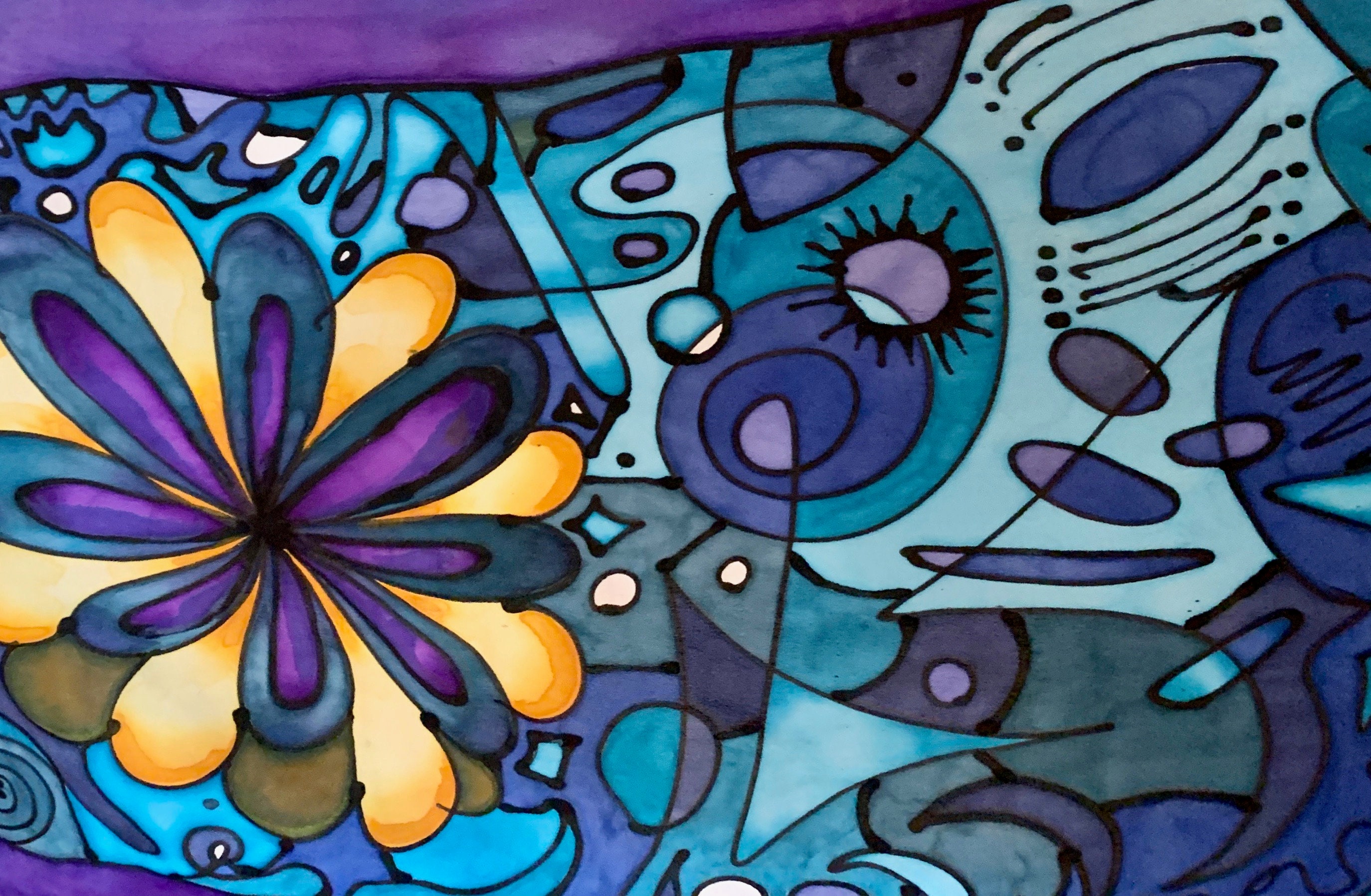 Funky Flowers in Purple, Yellow, Abstract Shades of Blue - Etsy