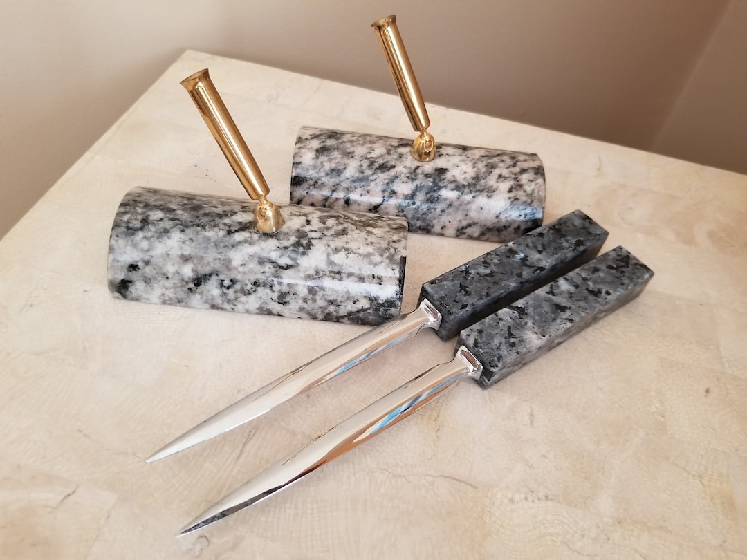 Hand Carved Stone Pen Holder With Letter Opener, Granite Desk Set ...