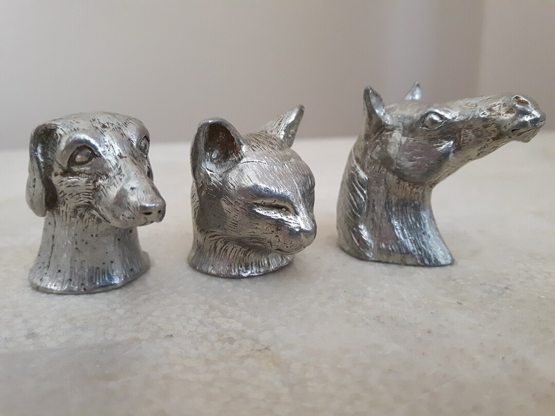 Set of 3 Animal Head Pewter Thimbles, Collectible Pewter Thimble ...