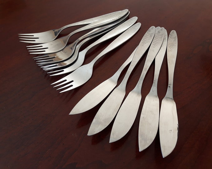 Vintage WMF Rostfrei Fish Forks and Knives, Fish Pattern Flatware, Set ...