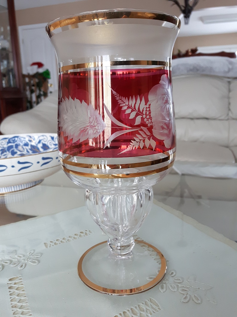 VIntage Crystal Cranberry Glass Footed Vase with Gold Trim | Etsy