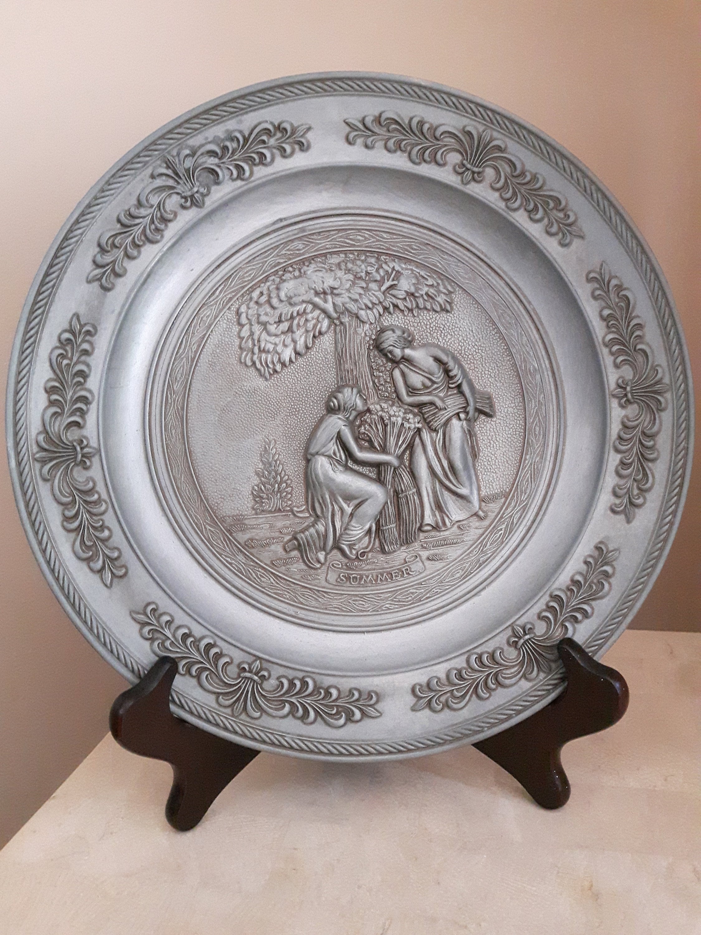 Vintage Embossed Pewter Plate, Four Seasons Summer Pewter Plate, Pewter ...