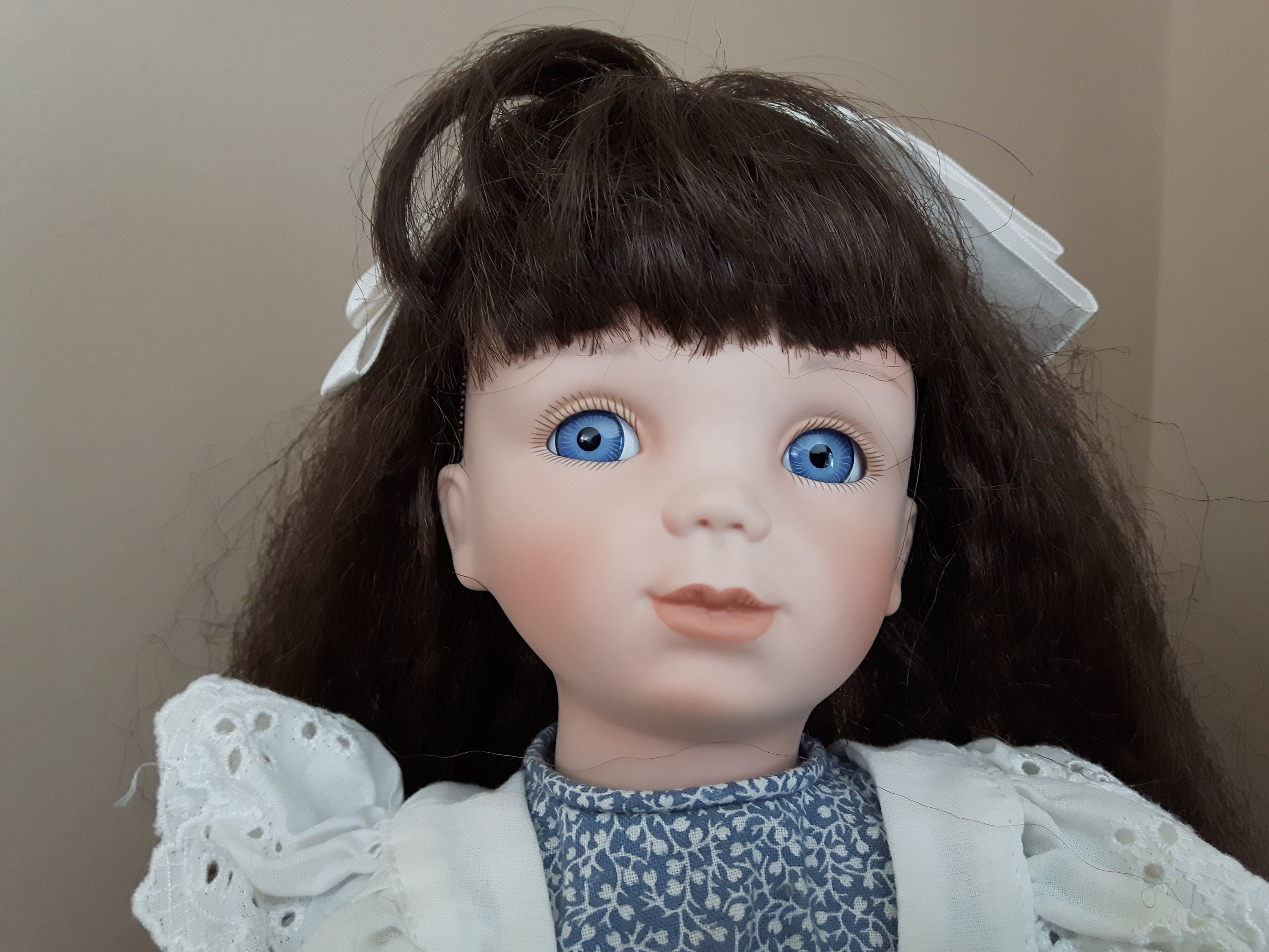 Seated Display Doll Porcelain Doll in Eyelet Pinafore Seated - Etsy