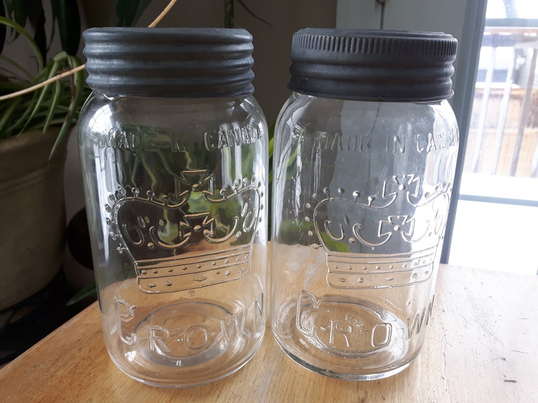 Set of 2 1930s Crown Mason Jars, Dominion Glass Crown 1 Quart Mason ...