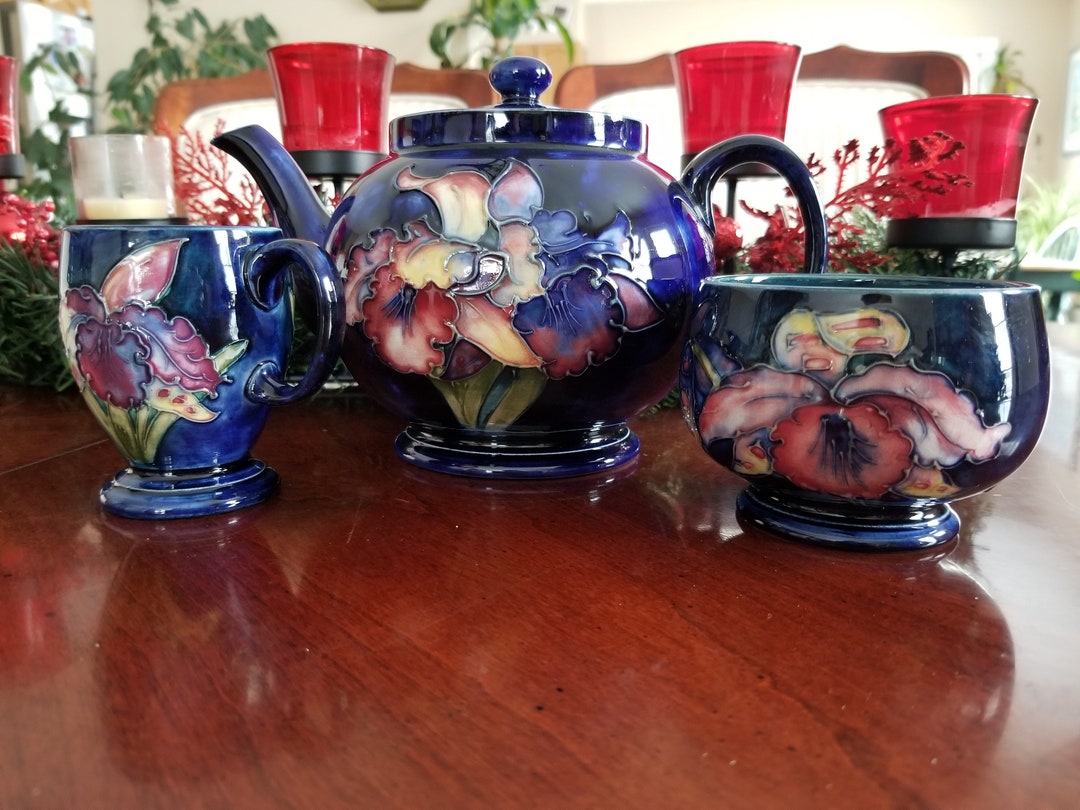 Moorcroft Pottery Orchid Tea Set, Cobalt Blue Moorcroft Tea Pot, Cream ...