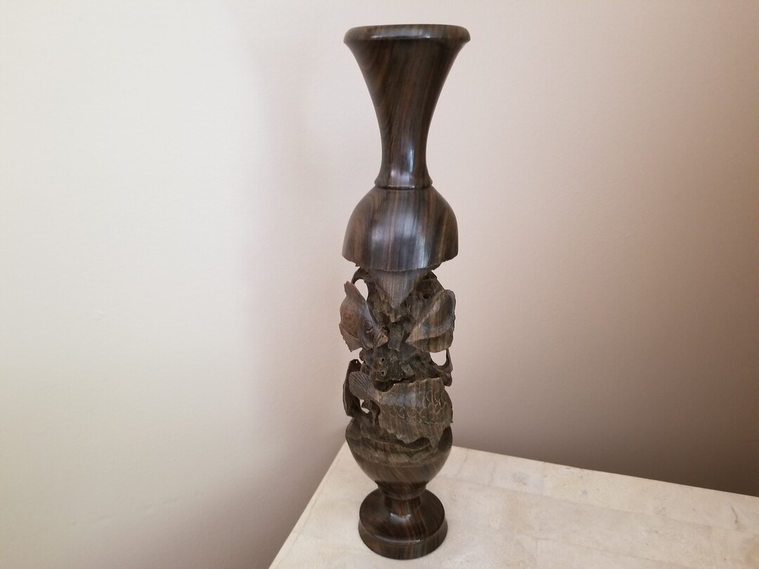 Hand Carved Candlestick Vase With Ocean Life Scene, Exotic Hardwood ...