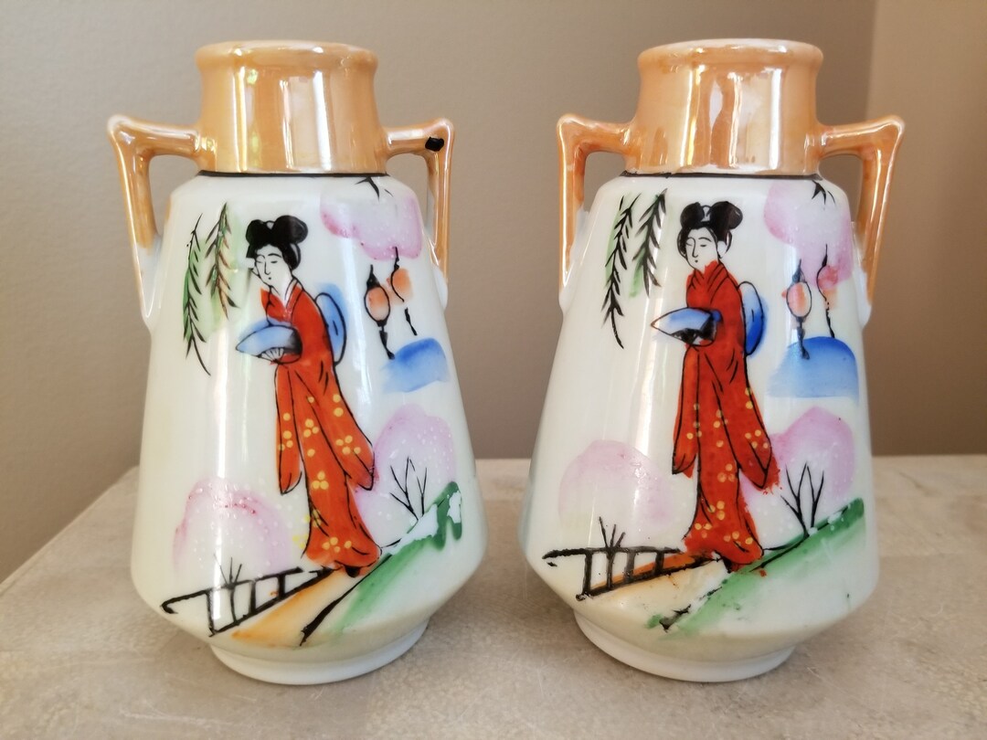 Pair of Japanese Lustre Ware Vases, Porcelain Vase Woman in Kimono Made ...