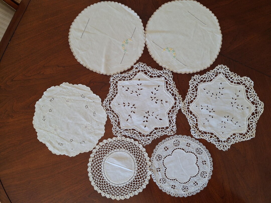 Lot of 7 Round Doilies, Vintage Hand Made Doilies, Embroidered Doilies ...