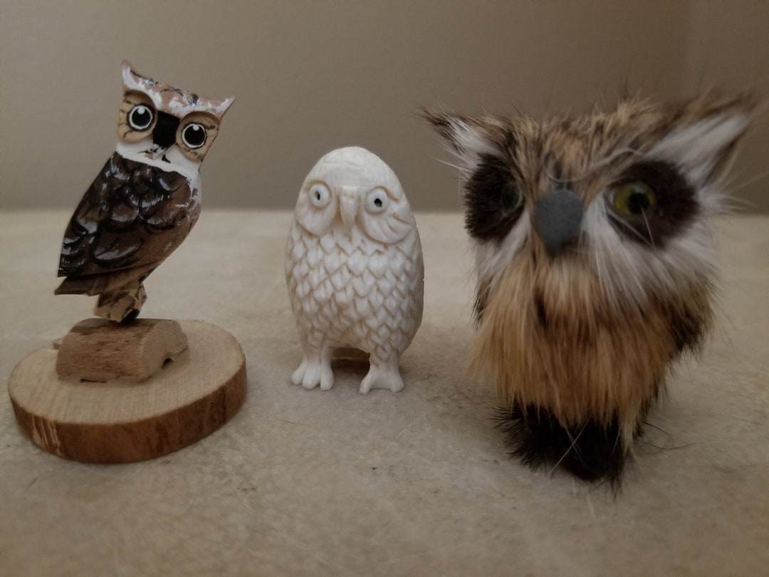 Miniature Owls, Tiny Great Horned Owl Wood Carving, Fur Horned Owl ...