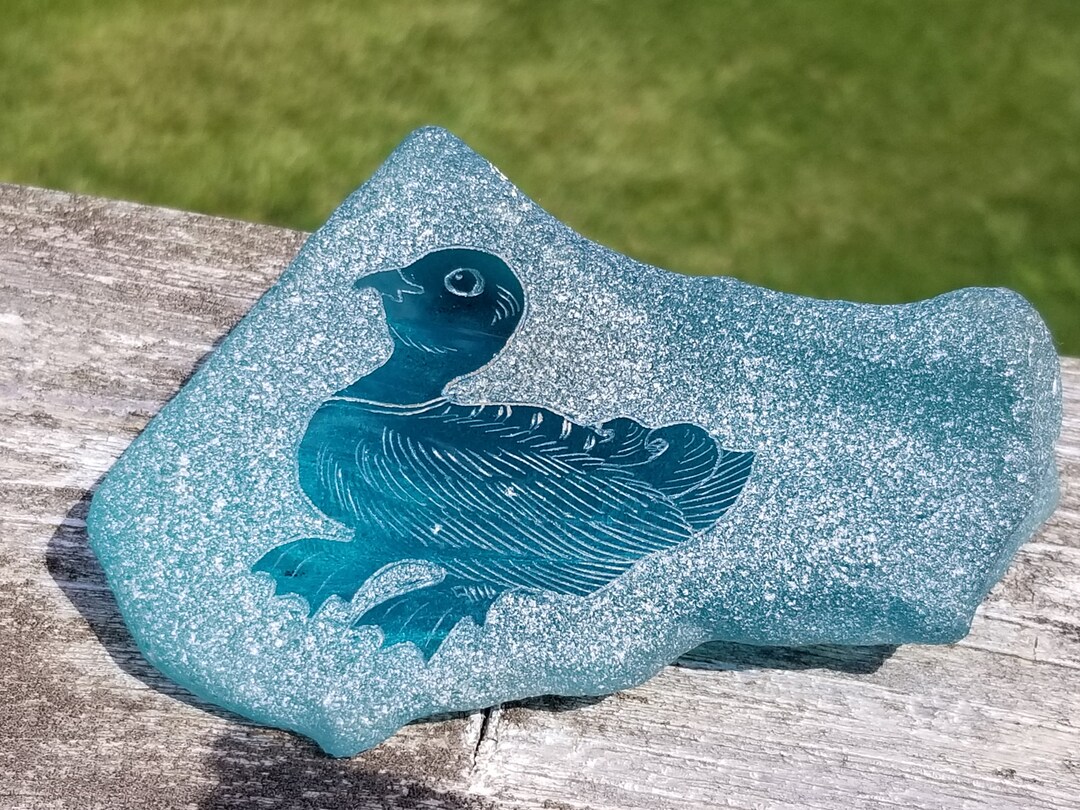 Vintage Glass Etching, Signed Siku Glass Carving, Duck Etching on Green ...