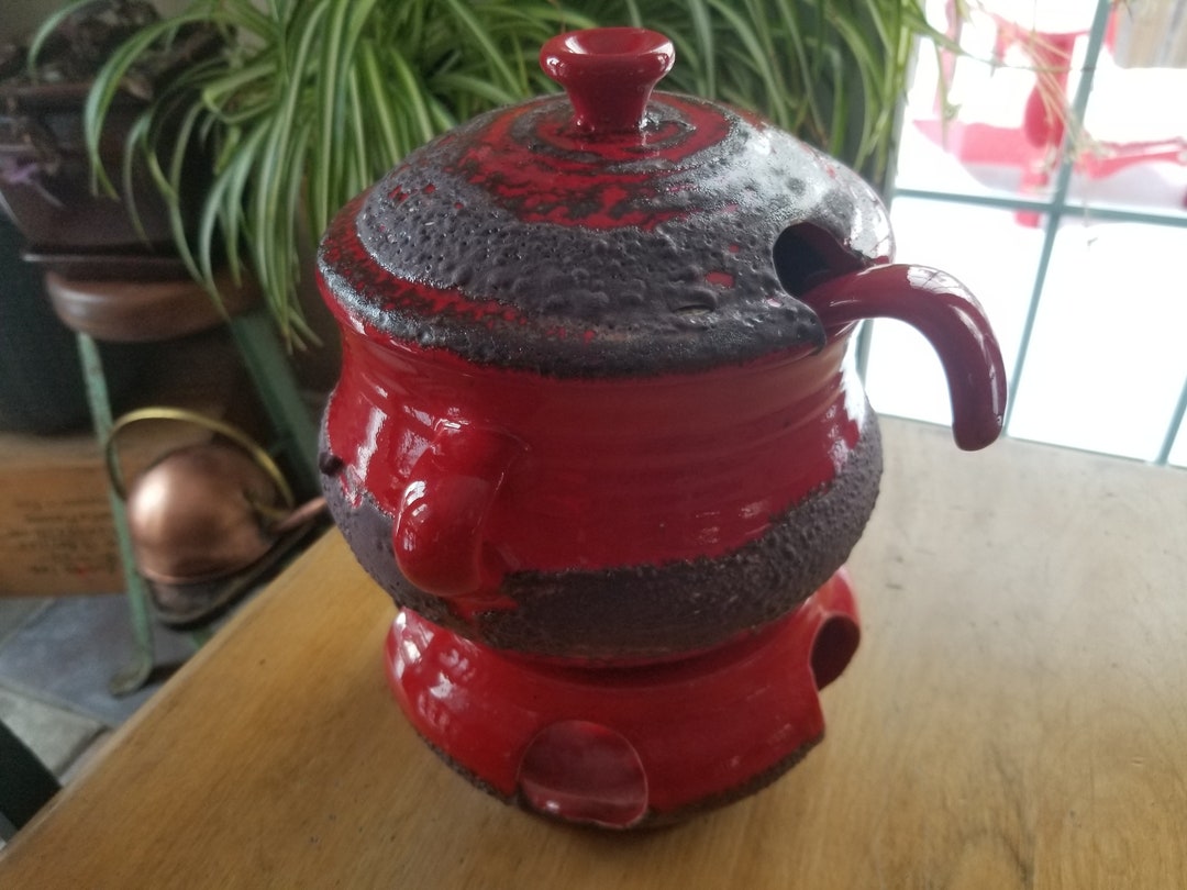 Fat Lava Soup Tureen and Warmer, Hand Made Red Pottery Soup Tureen With ...