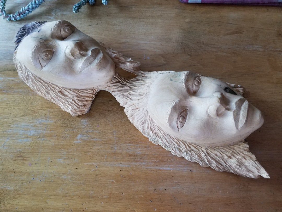 Carved Wood Wall Mask With Double Heads, Two Headed Hand Carved Mask ...