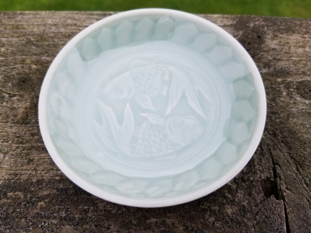 Long Quan Caledon Sauce Dish, Koi Relief Celadon Miniature Plate, 4 Koi ...