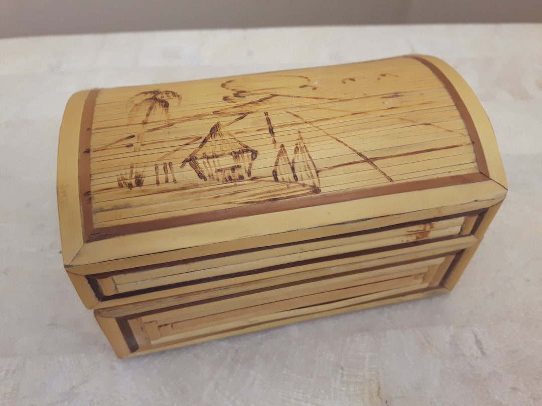Mini Straw Bamboo Treasure Chest, Asian Bamboo Trinket Box, Felt Lined ...