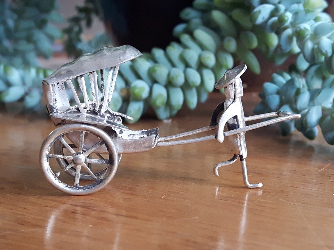 Antique Silver Plated Rickshaw and Driver, Late Qing Rickshaw Miniature ...