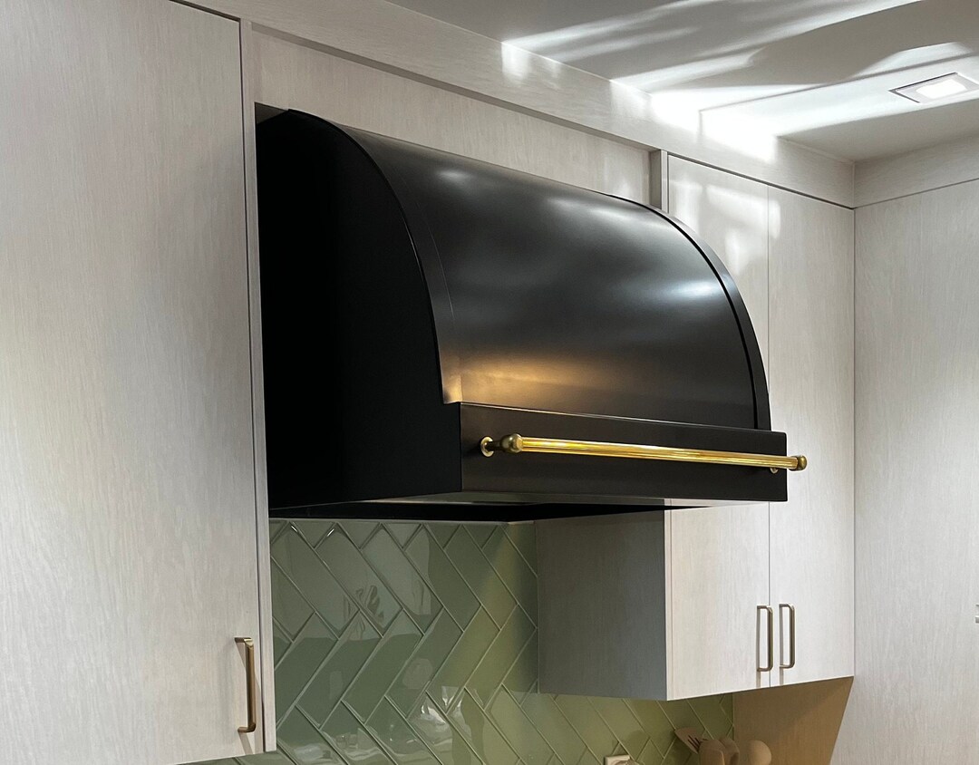 Custom Barrel Shape Range Hood - Matte Black Hood With Solid Brass Pot ...
