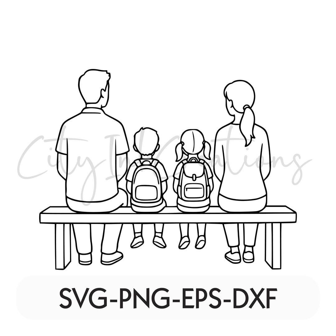 Family Sitting Back on a Bank SVG Line Art Laser File | Family Clipart ...
