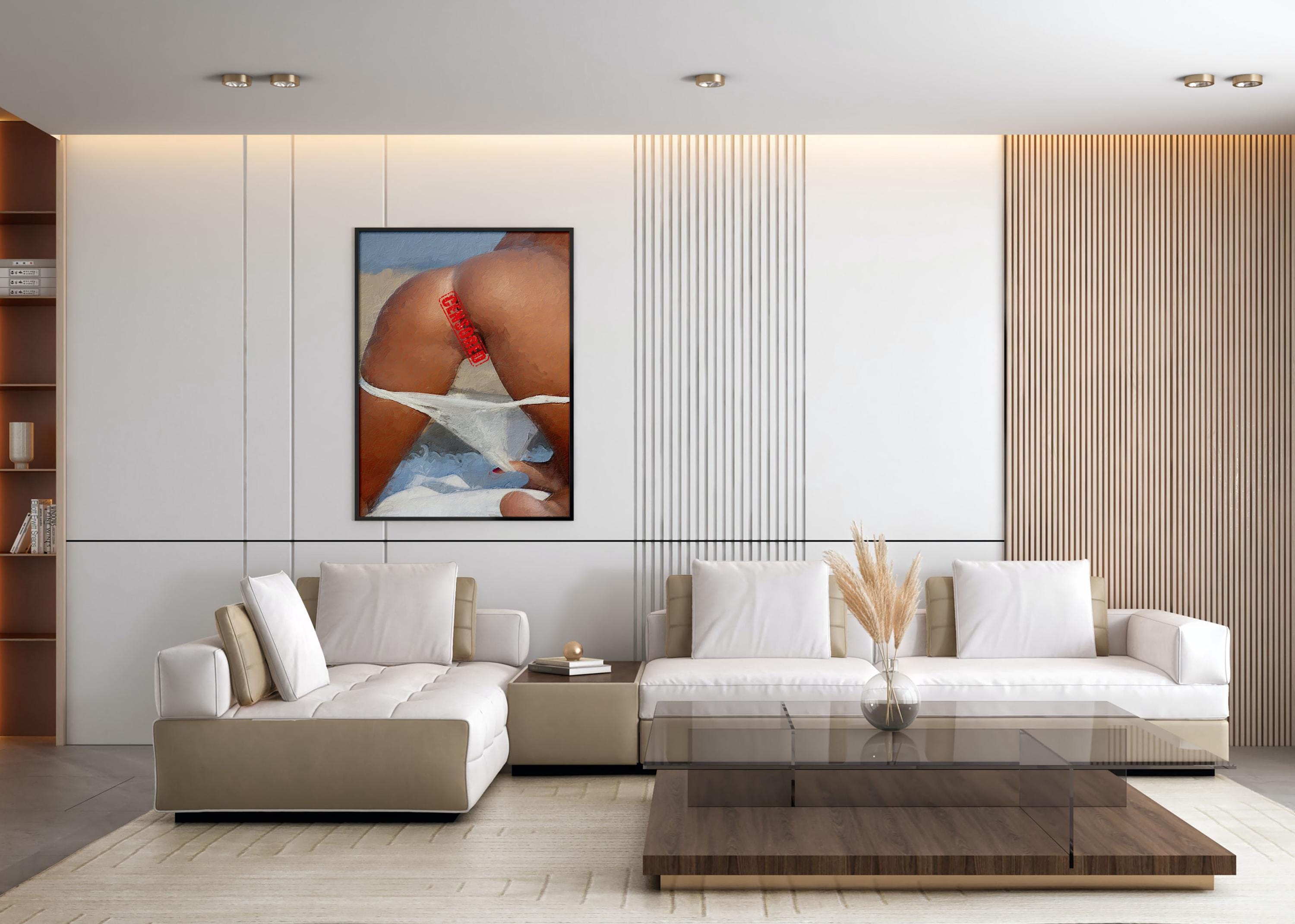Nude Mature Woman Erotic Art Print Topless Woman Spread Legs Oil