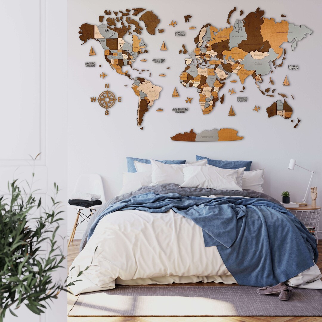 Large Multicolored 3D World Map, Wooden World Map, Push Pin Travel Map ...
