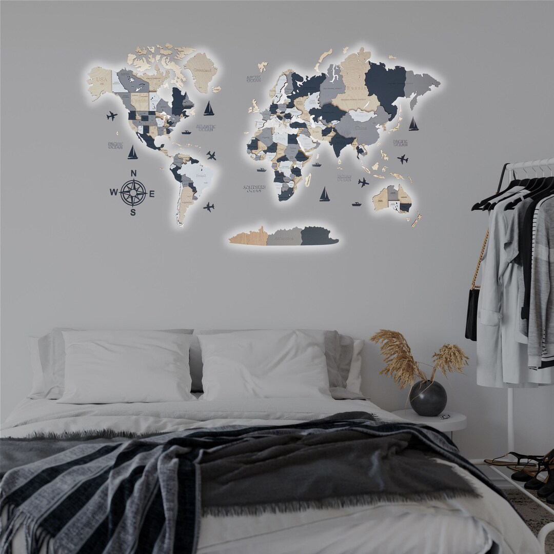 Wooden World Travel Map, LED World Map, Valentine Gift for Him ...