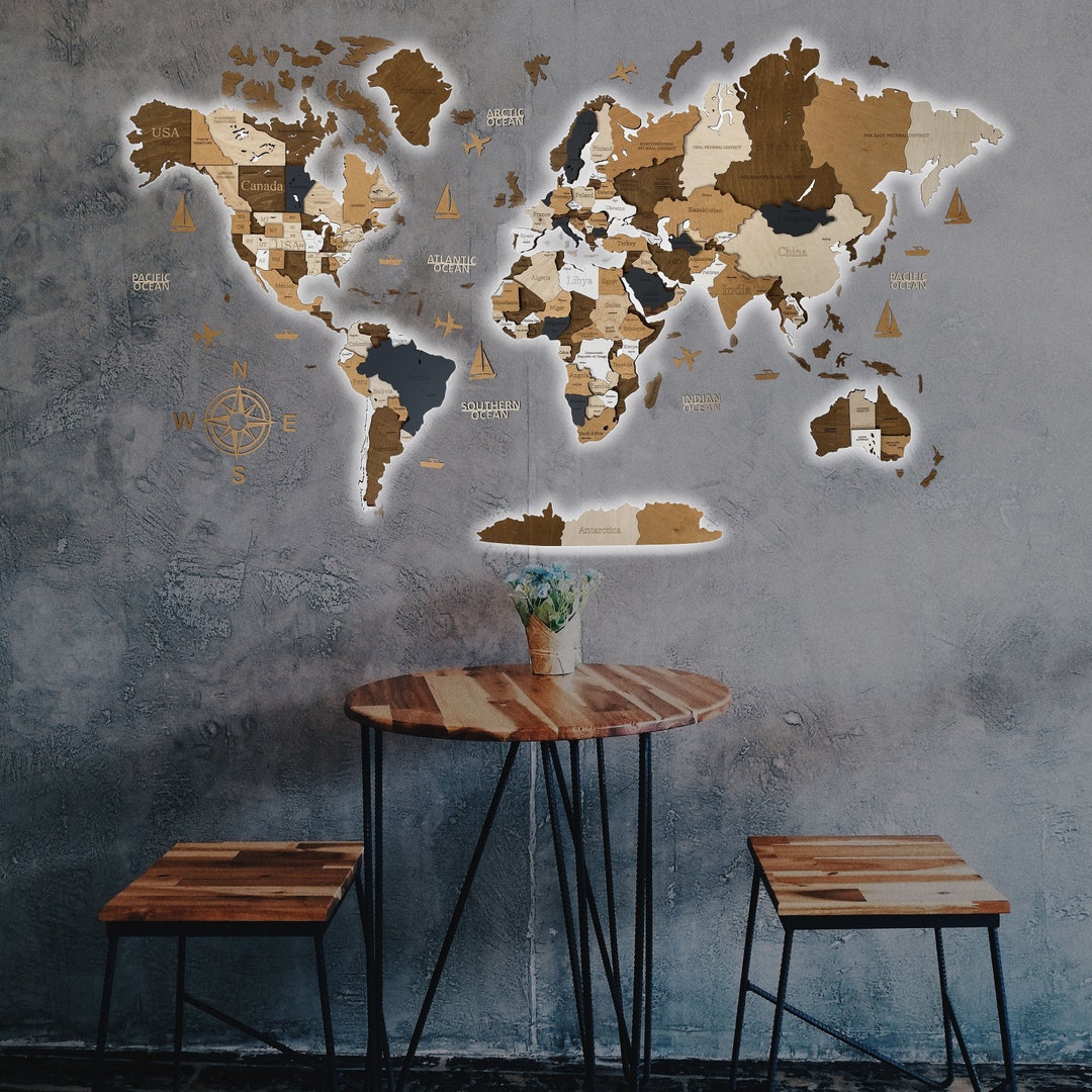 LED World Map Wooden World Map Stylish 3D Map Decor World - Etsy