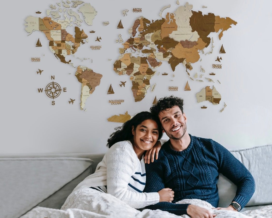 Mapa del mundo de madera Mapa de madera 3D Mapa multicolor California ...