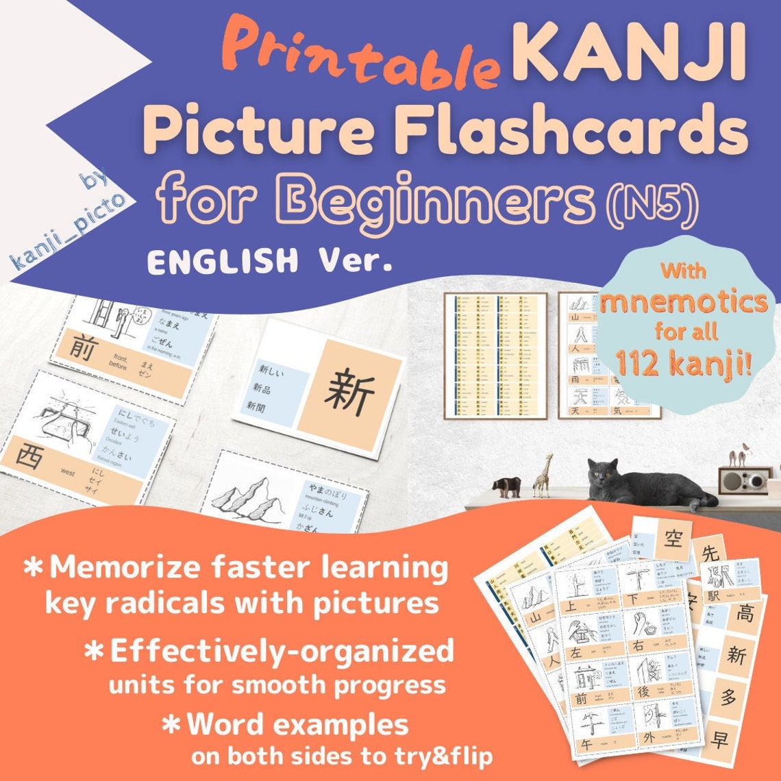 KANJI MNEMONICS Picture Flashcards for Beginner/n5 Level (japanese ...