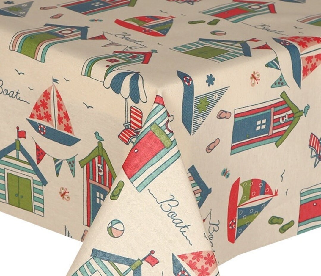 Acrylic Table Cloth Beach Huts, Boat Ship Bright Nautical Bunting ...