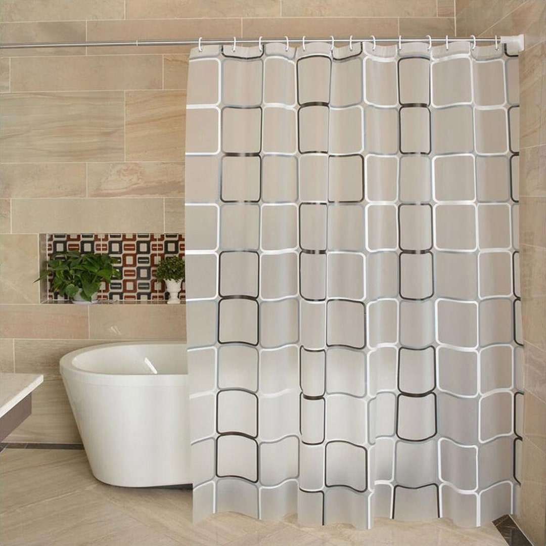 Cubes Grey Shower Curtain With 12 Ring Hooks Printed Blocks Black White ...