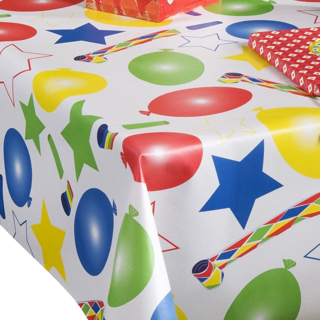 PVC Table Cloth Party Time, Red Blue Balloons Stars Streamers Horn ...