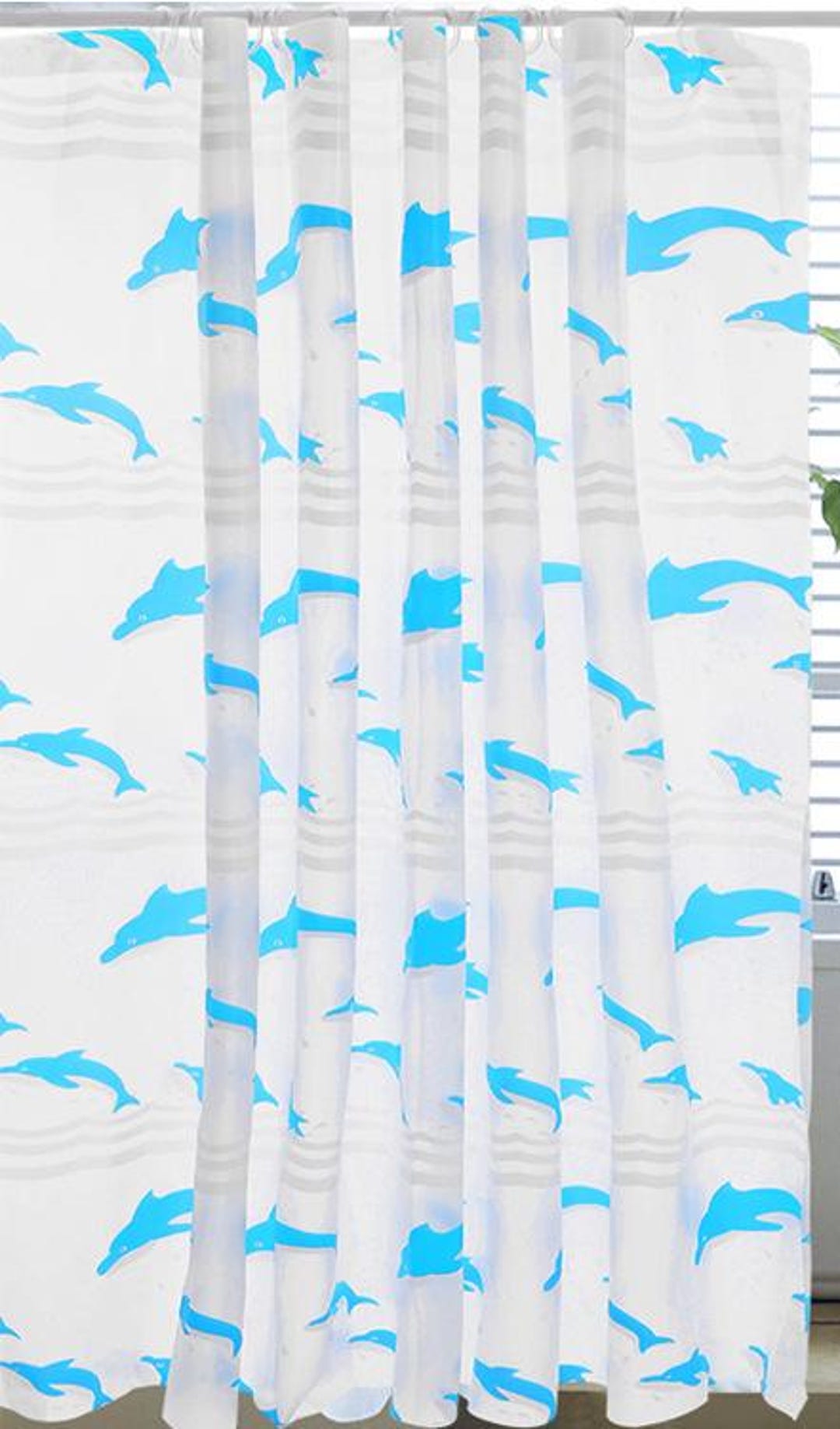 Dolphin Blue Shower Curtain With 12 Ring Hooks Printed off White Sheer ...
