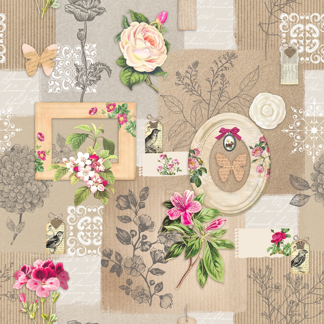 PVC Table Cloth Scrapbook Beige, Parisienne Flowers Locket Butterfly ...
