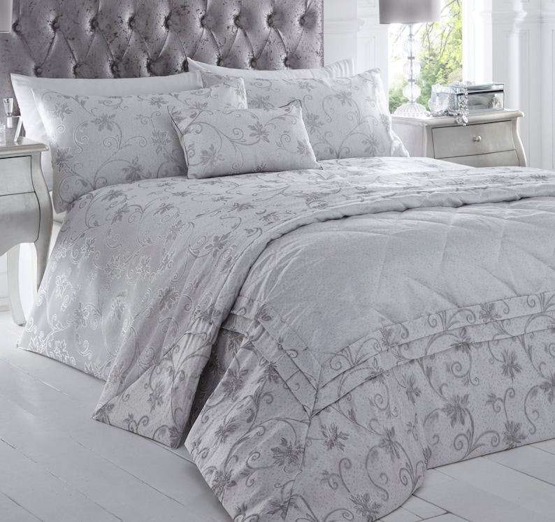 Ravina Silver Bedding Range, Jacquard Leaves Leaf Scroll Shimmer Grey ...