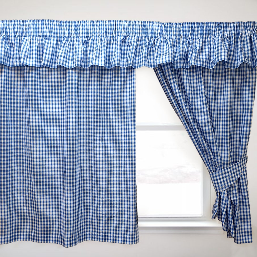 Gingham Blue Bell Curtains OR Pelmets, Window Drapes Tie Backs Picnic ...