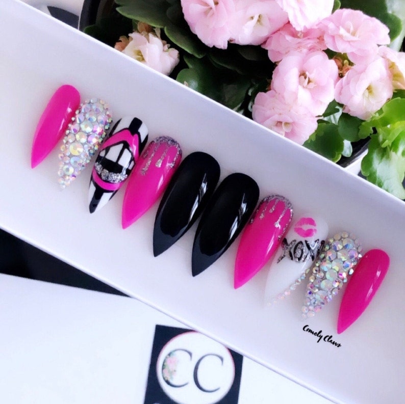 Xoxo Lip Nail Set Crystal Ab Shine Press On Nails Glue Etsy