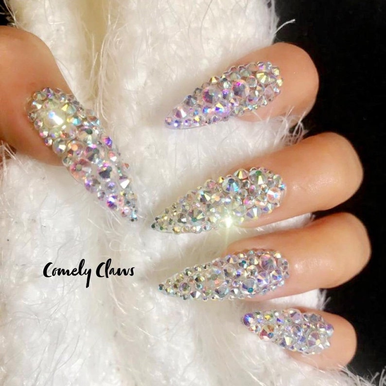 Full Bling Nail Set Crystal Ab Shine Press On Nails Glue Etsy