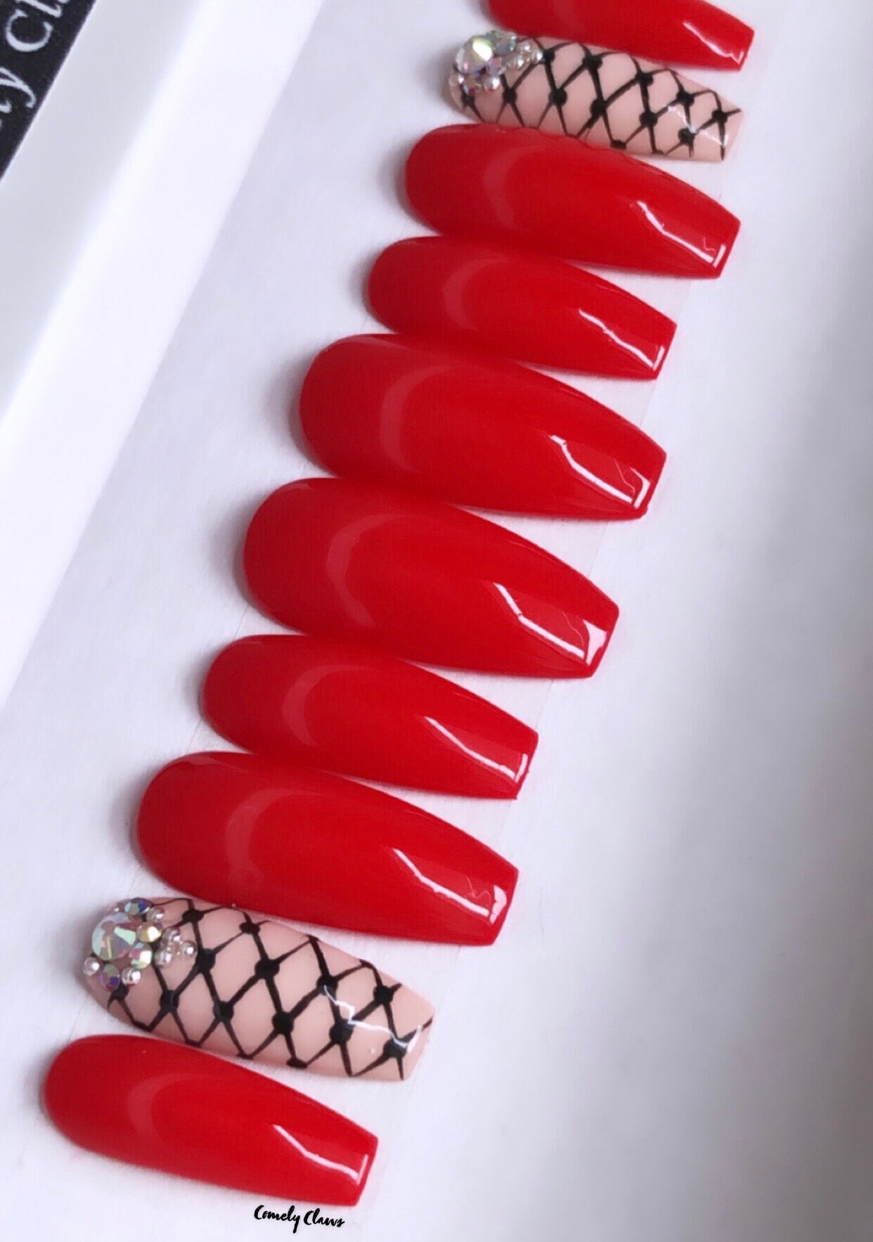 Hot Red Mesh Crystal Ab Shine Press On Nails Glue On Etsy