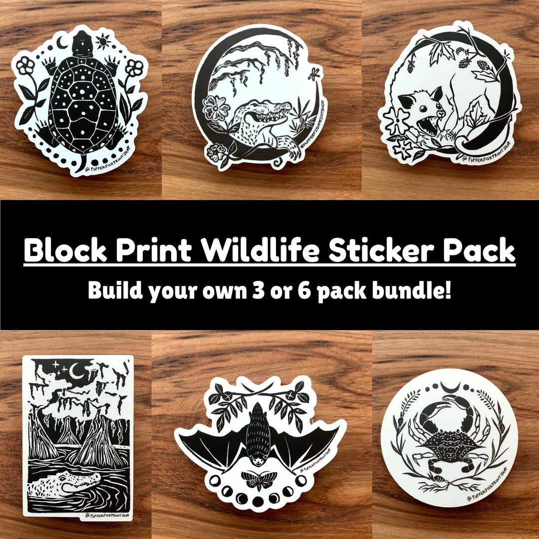 Wildlife Block Print Sticker Bundle - 3 or 6 Pack - Etsy